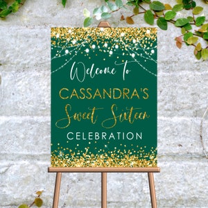 Editable Gold Green Welcome Sign Birthday Party Gold Glitter Welcome ...