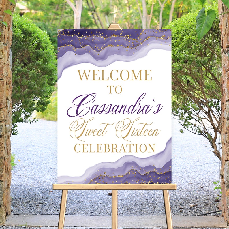 Editable Purple and Gold Welcome Sign Birthday Party Welcome Sign Decor ...