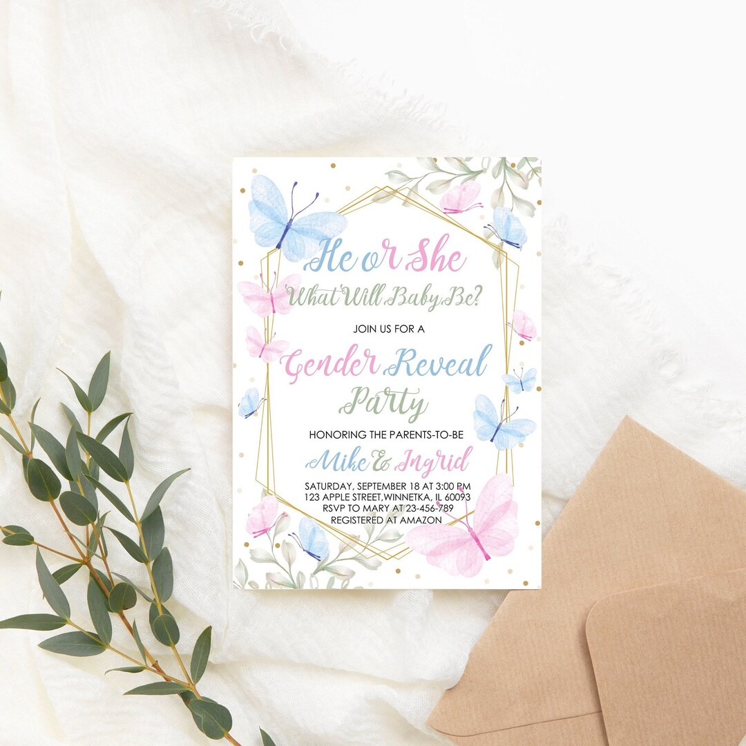 Editable Butterfly Gender Reveal Party Invitation Flutter Gender Reveal ...