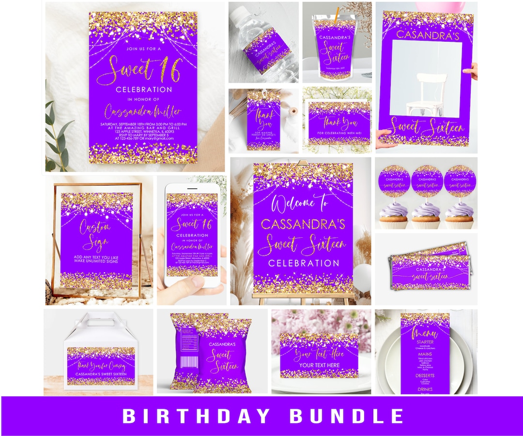 Editable Purple Gold Birthday Invitation Party Bundle Glitter Sweet ...