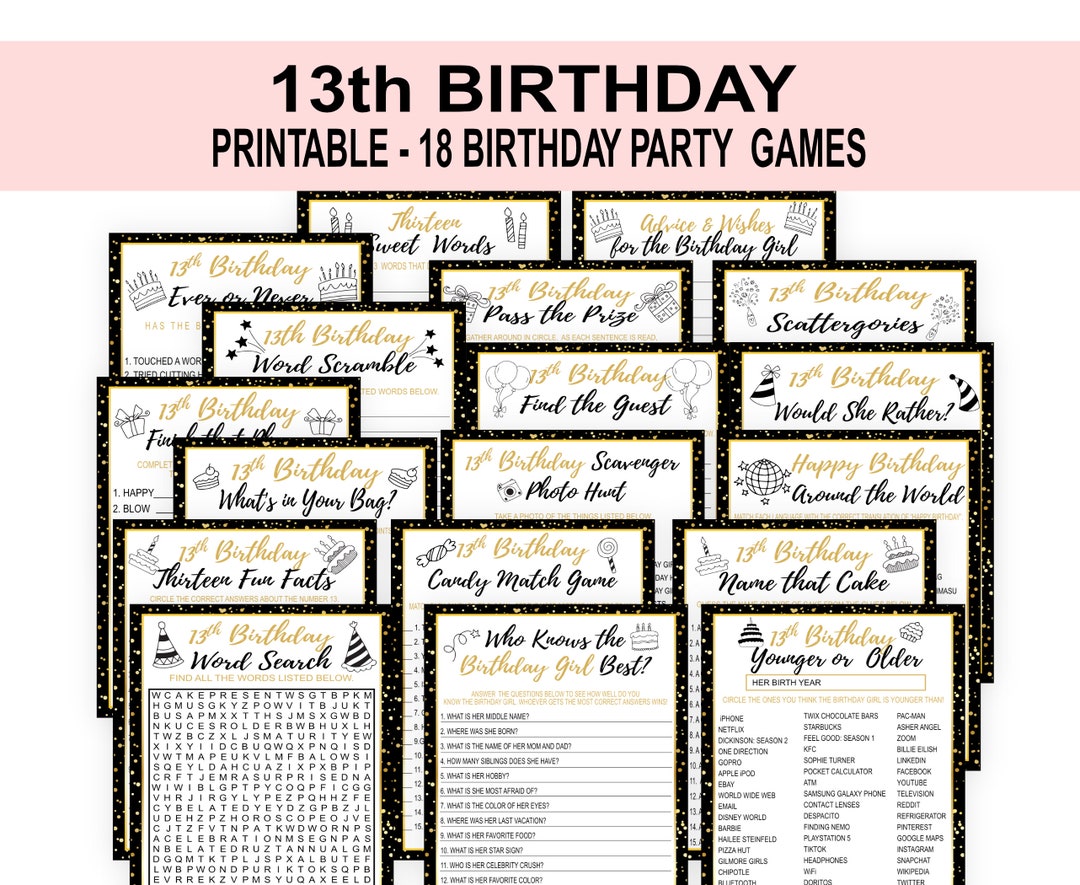 13th Birthday Party Games for Girls Gold Black Thirteenth Birthday Game ...