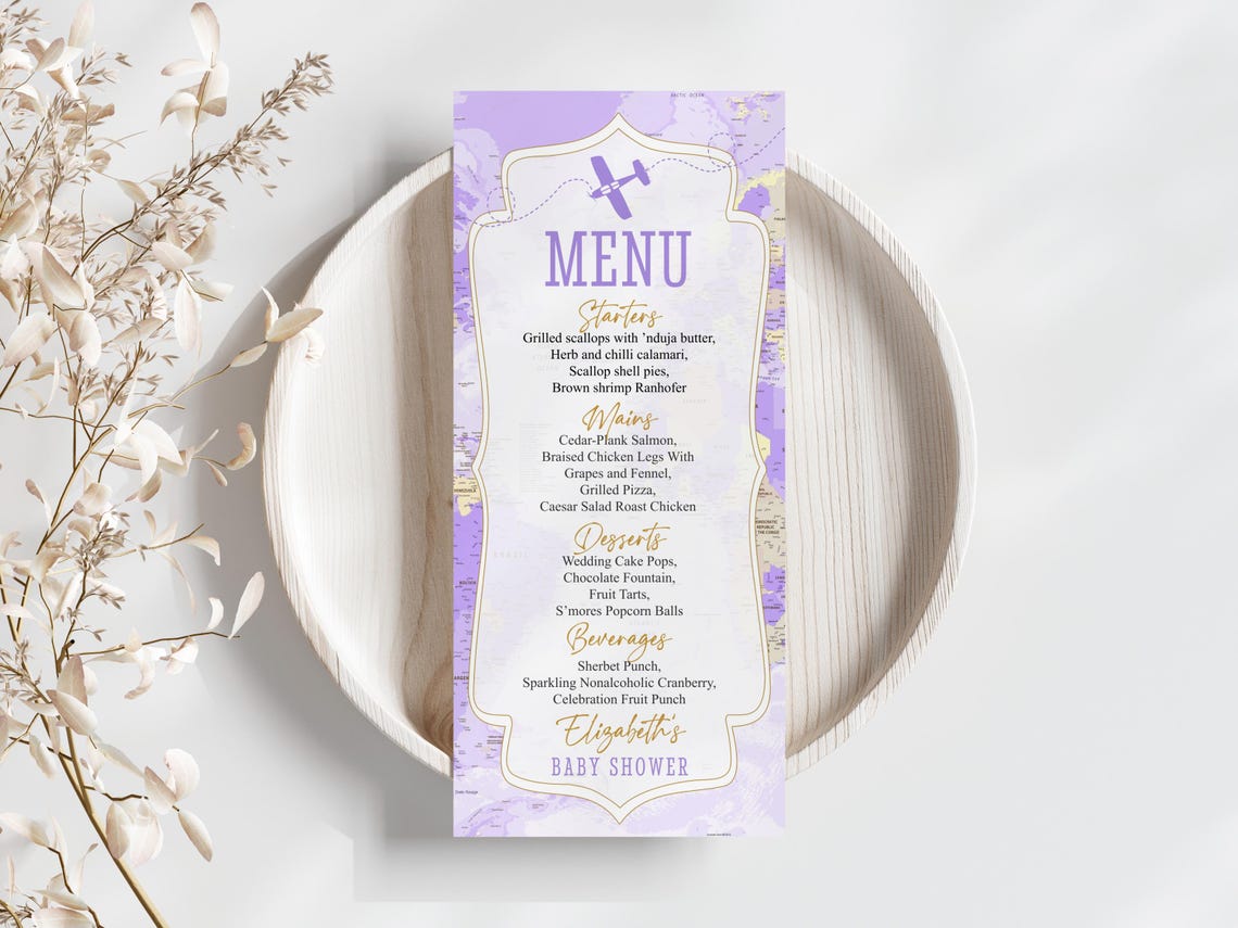 Editable Travel Menu Card Purple Map Adventure Awaits Menu Baby Shower ...