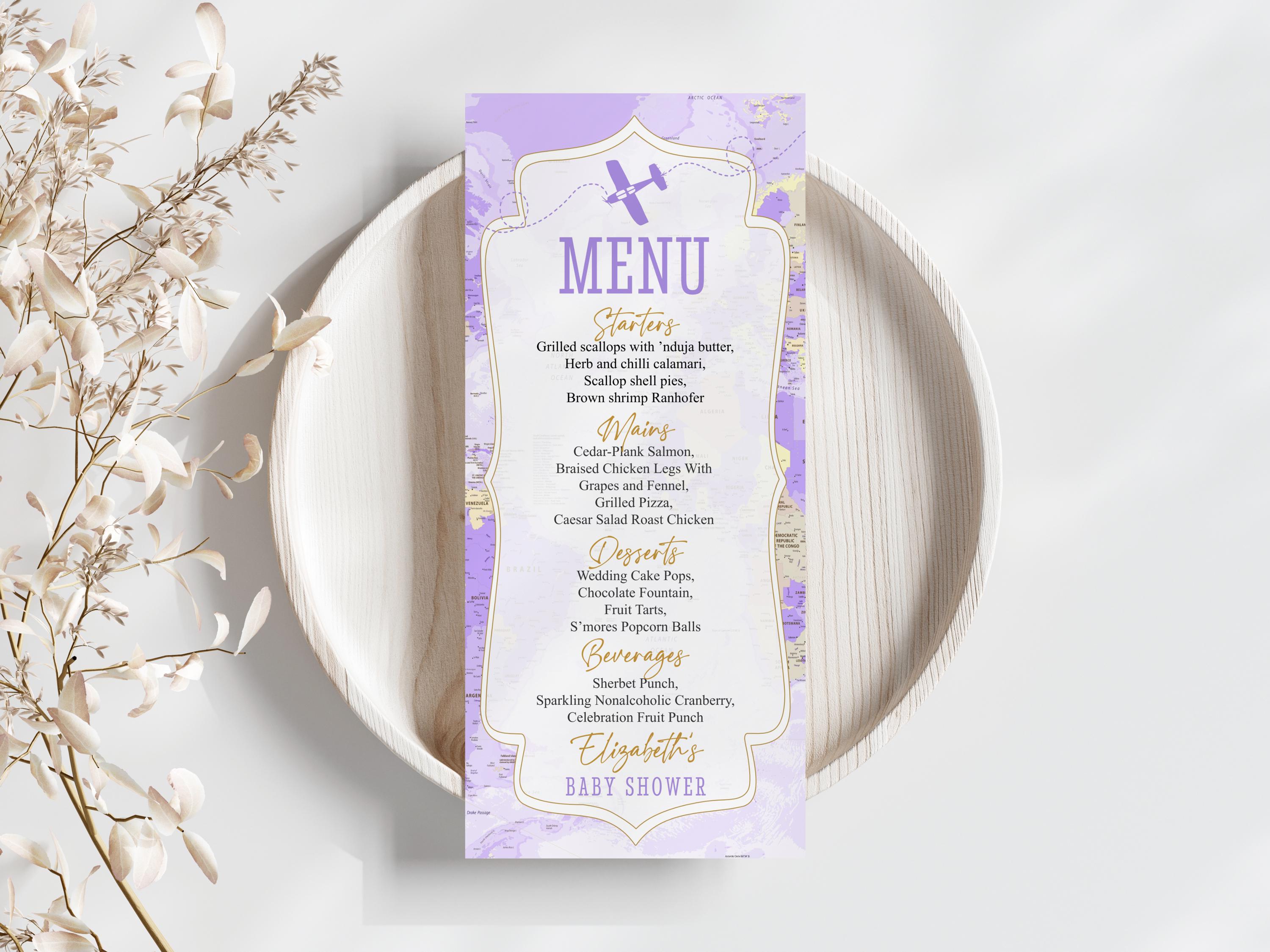 Editable Travel Menu Card Purple Map Adventure Awaits Menu Baby Shower ...