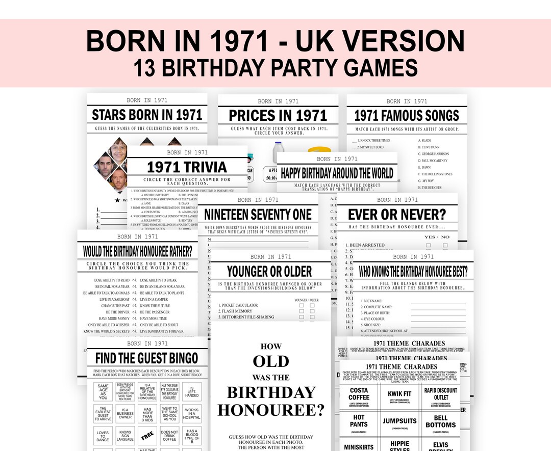 54th Birthday Party Games Born in 1971 Birthday Game Bundle UK 1971 ...