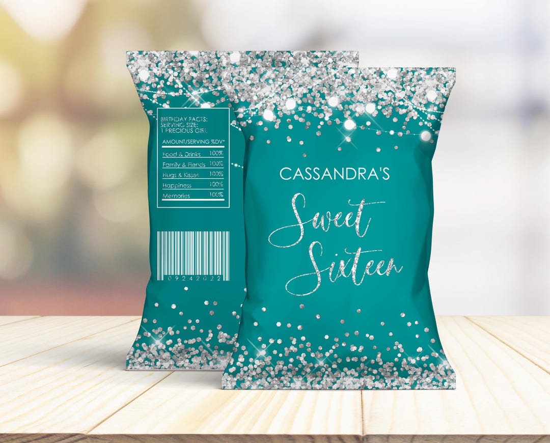 Teal Silver Chip Bag Label Editable Teal Silver Glitter Chip Bag Favor ...