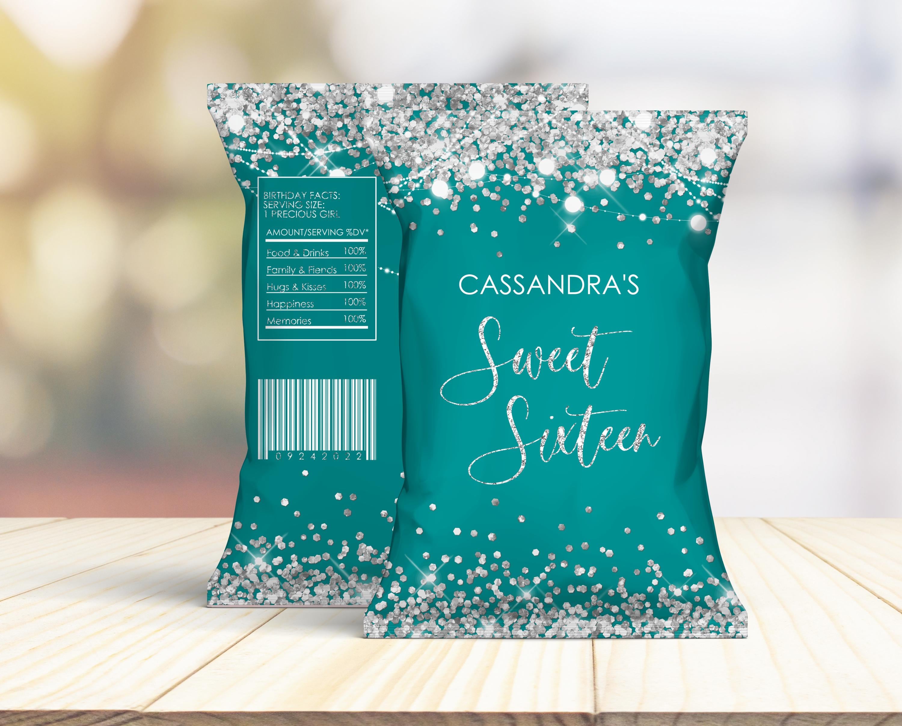 Teal Silver Chip Bag Label Editable Teal Silver Glitter Chip Bag Favor ...