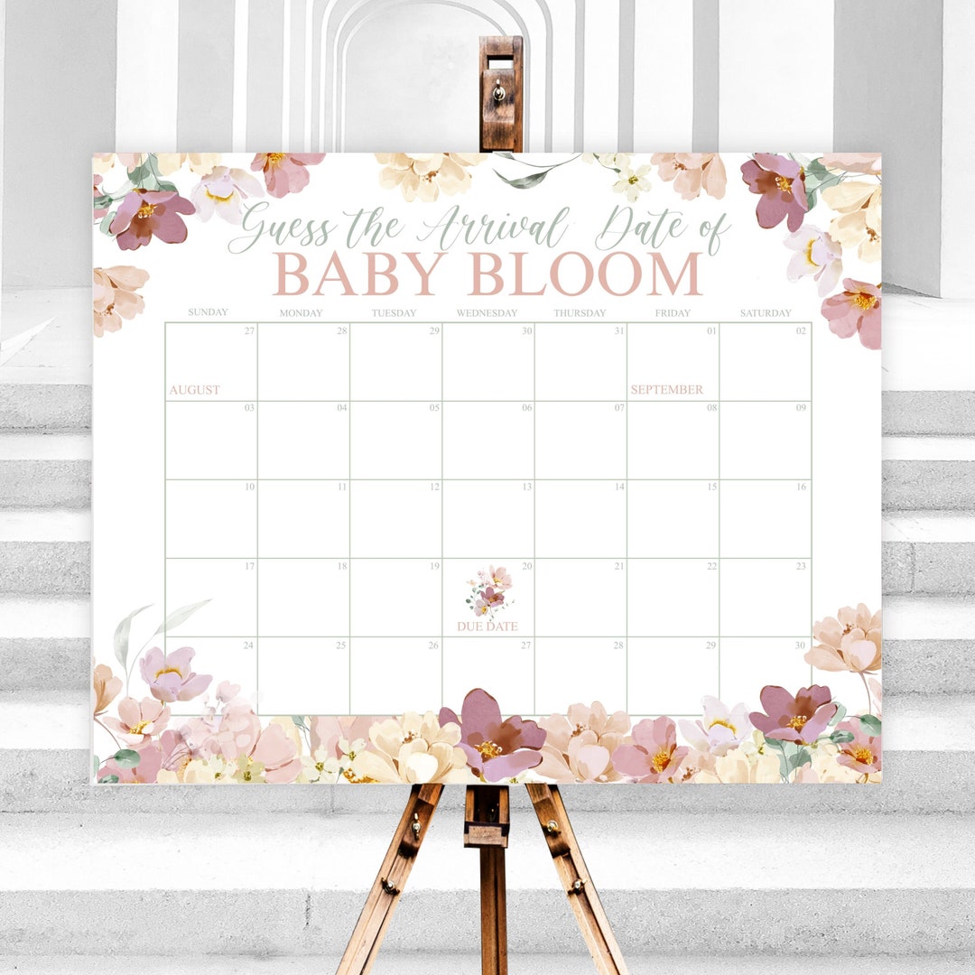 Editable Spring Baby Due Date Calendar Game Baby in Bloom Wildflowers ...