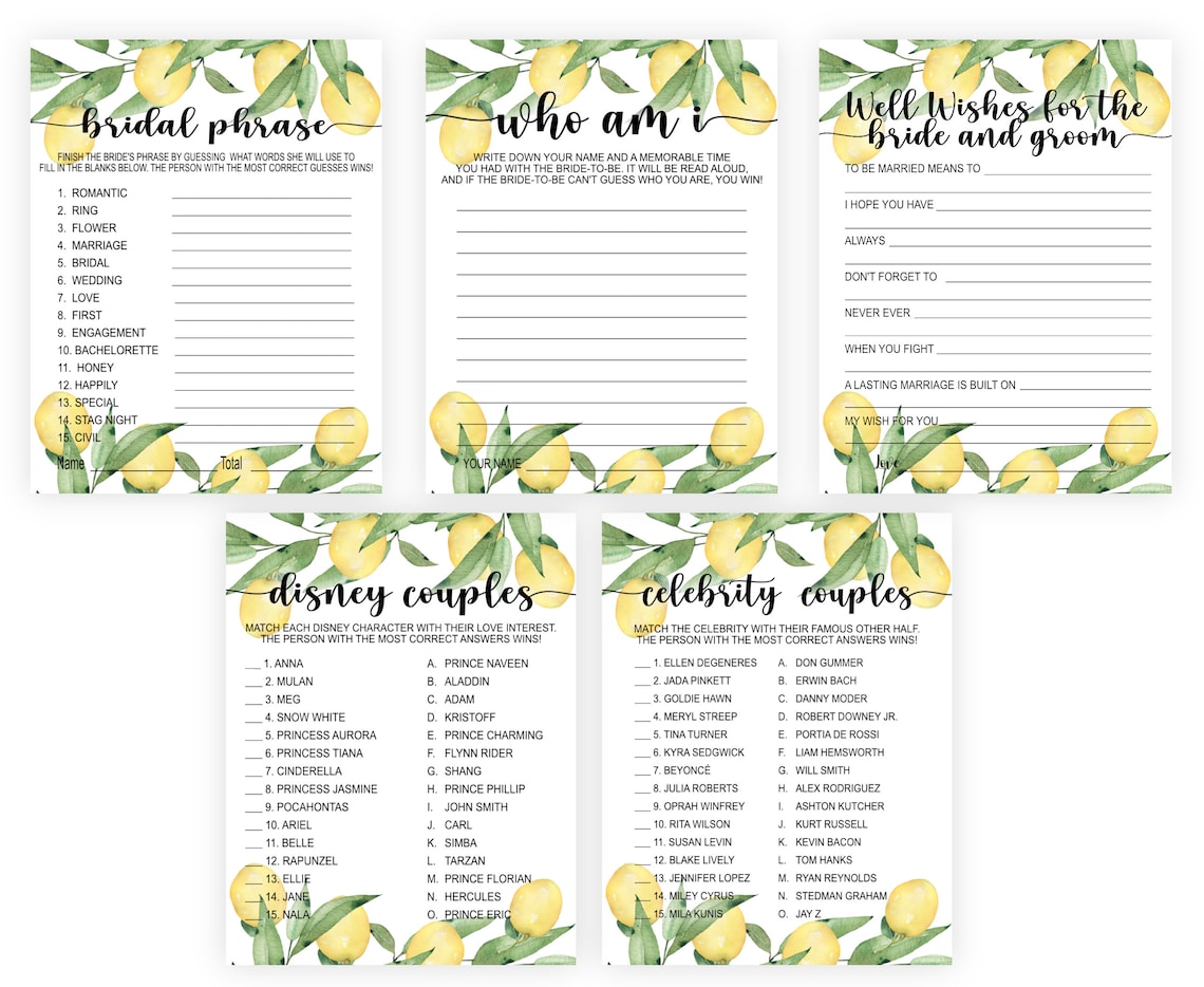 Lemon Bridal Shower Game Lemon Theme Bridal Shower Game Set - Etsy