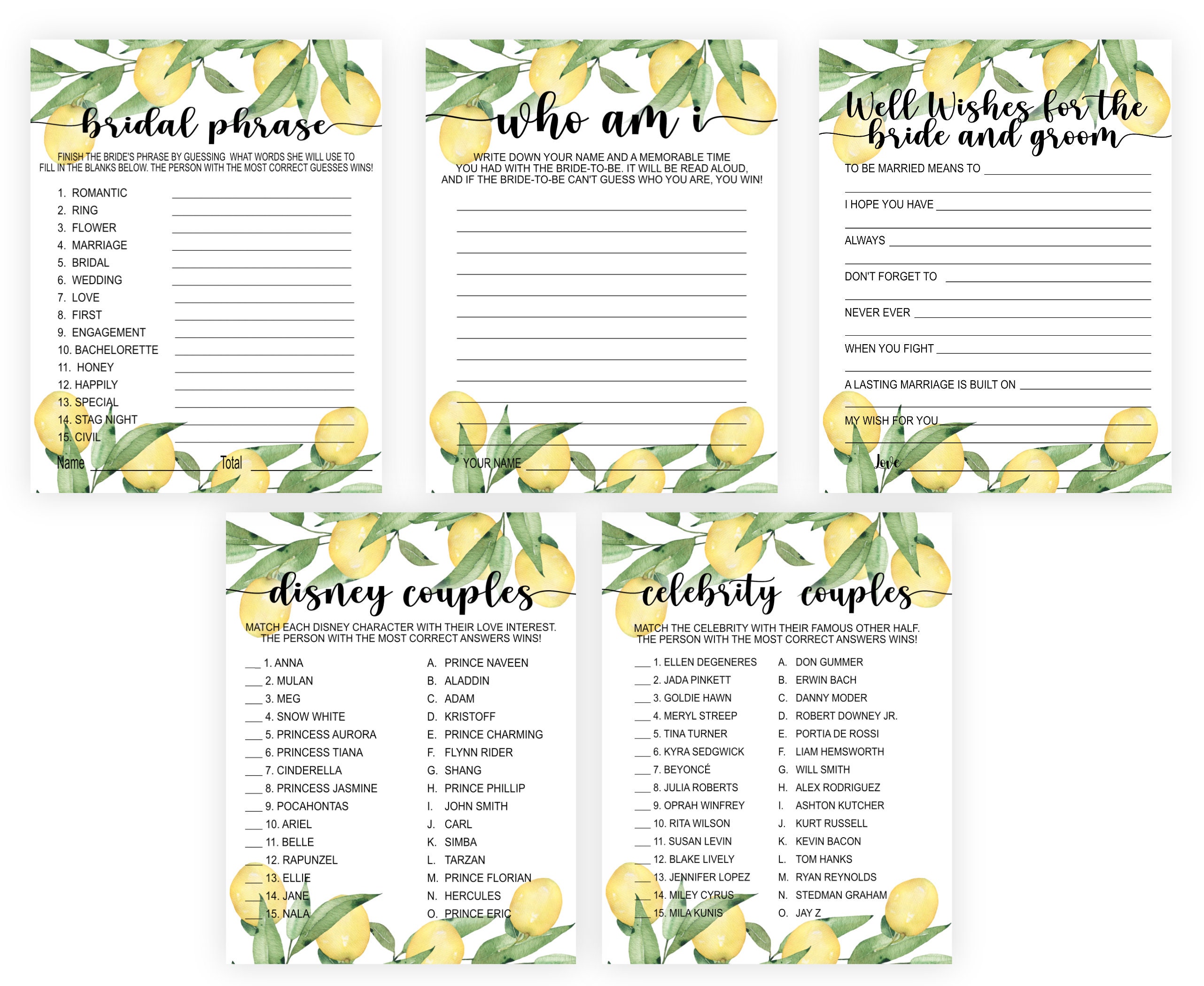 Lemon Bridal Shower Game Lemon Theme Bridal Shower Game Set - Etsy