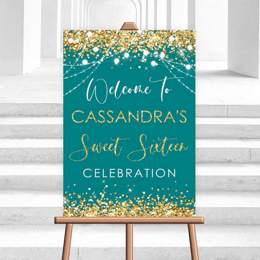 Editable Teal Gold Welcome Sign Birthday Party Gold Glitter Welcome ...