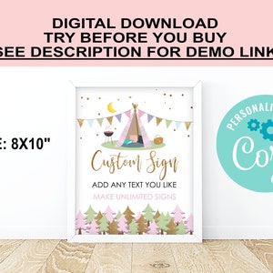 Editable Glamping Custom Sign PRINTABLE Pink Girl Green Birthday Decor ...