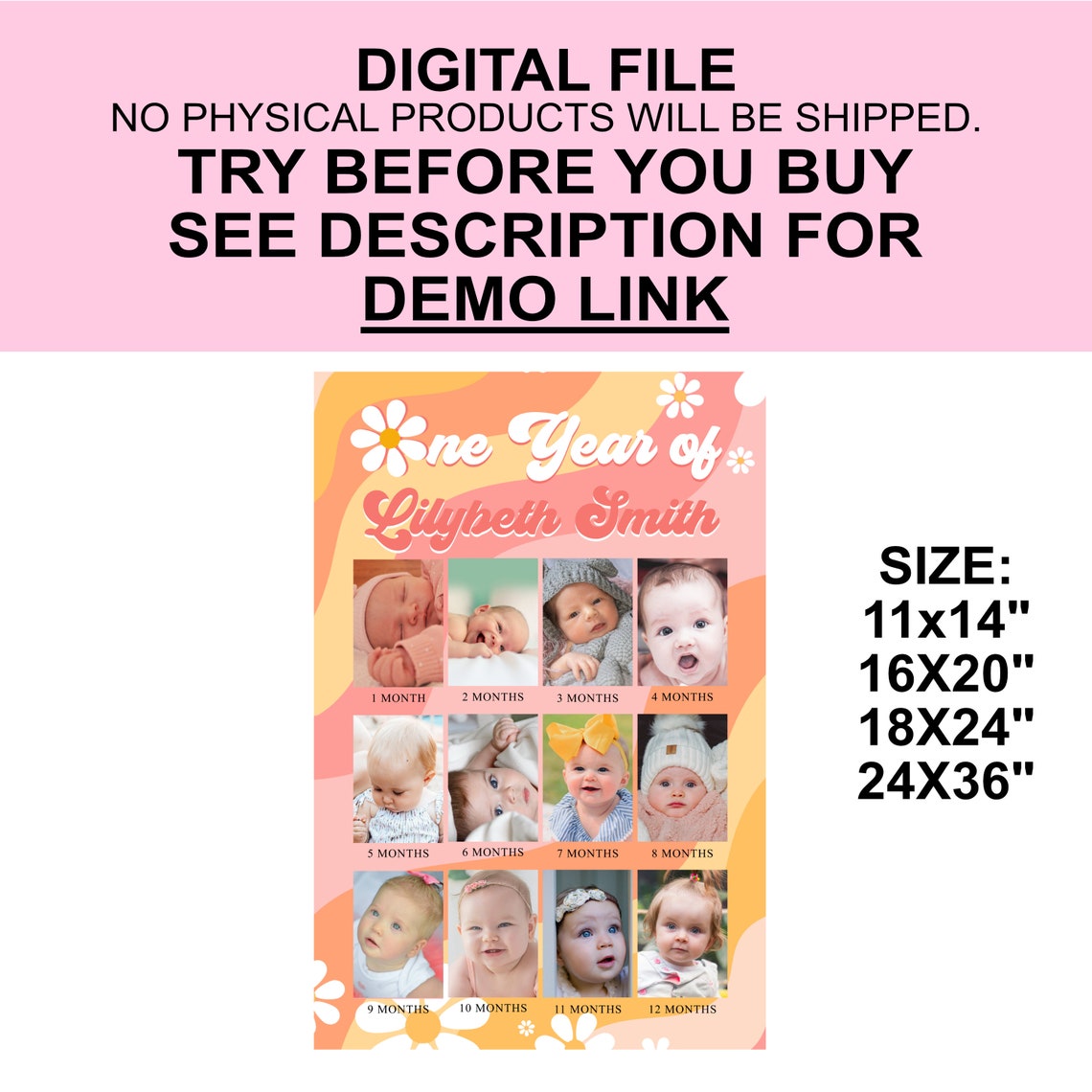 Editable Groovy Baby First Year Photo Poster Milestone Daisy - Etsy
