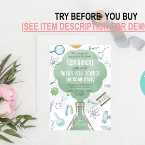 Editable Science Birthday Invitation Green Birthday Party Chemistry ...
