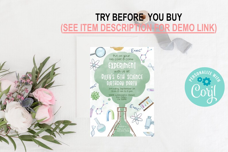 Editable Science Birthday Invitation Green Birthday Party Chemistry ...