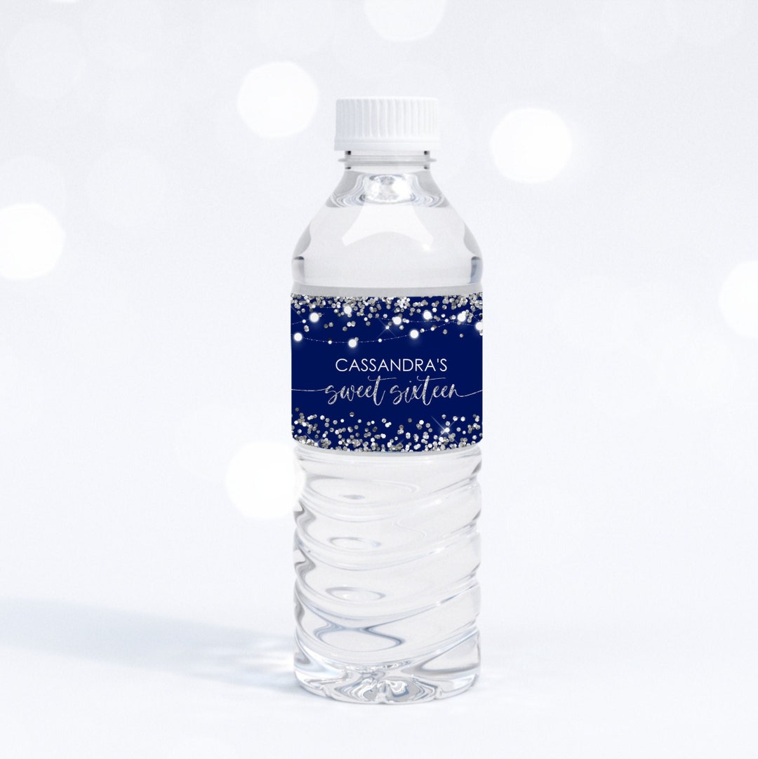 Editable Blue Silver Water Bottle Label Birthday Water Bottle Label ...