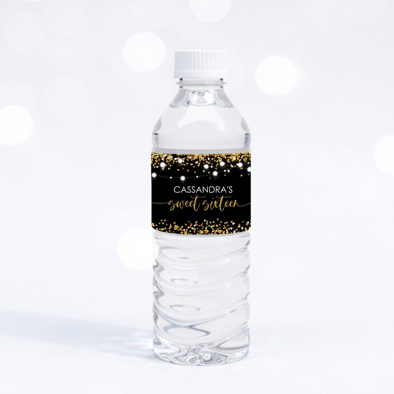 Editable Gold Black Water Bottle Label Birthday Water Bottle Label Gold ...
