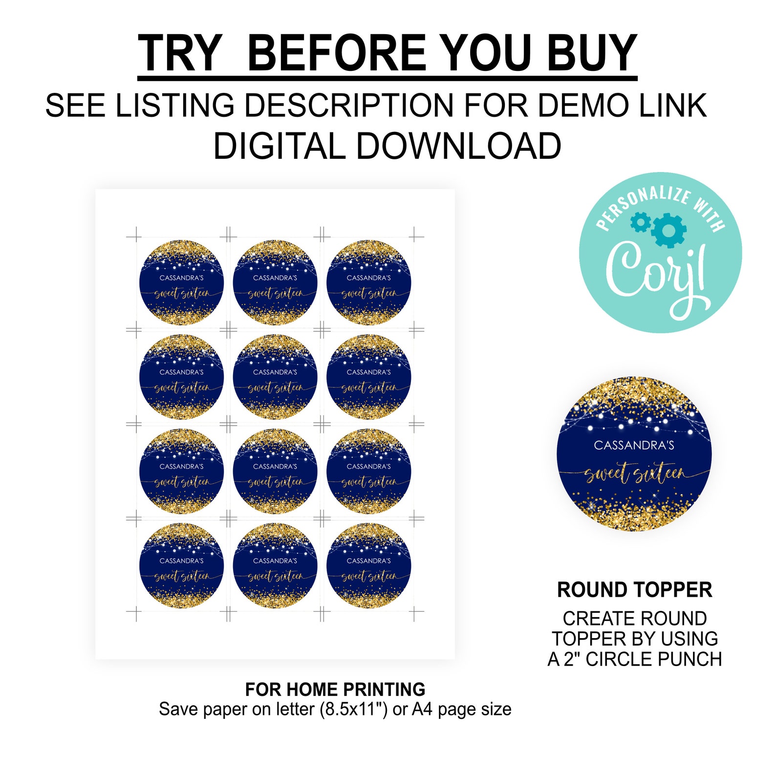 Editable Gold Blue Cupcake Toppers Birthday Favor Tags Glitter Cupcake ...