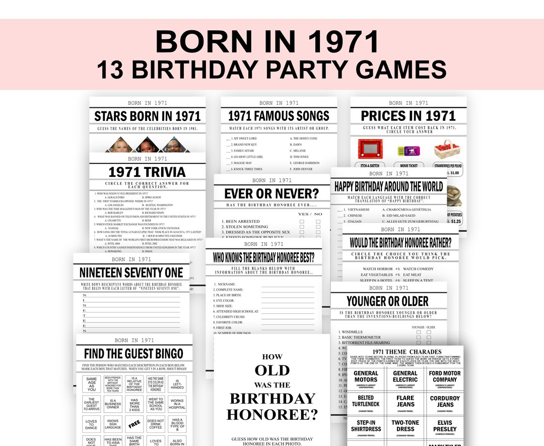 54th Birthday Party Games Born in 1971 Birthday Games Bundle 1971 ...
