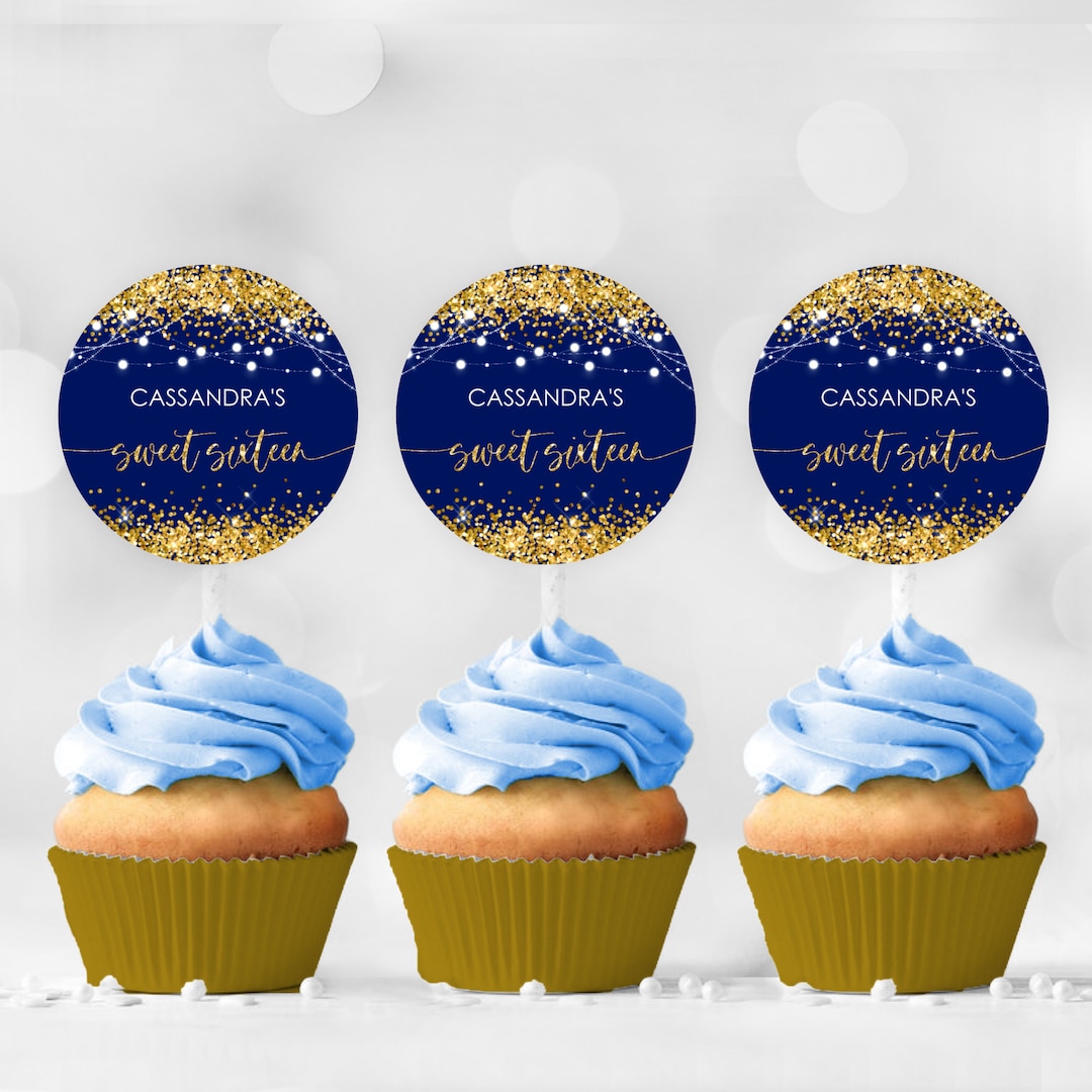 Editable Gold Blue Cupcake Toppers Birthday Favor Tags Glitter Cupcake ...