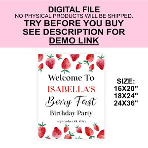 Editable Strawberry Welcome Sign Berry First Birthday Party Sign Decor ...