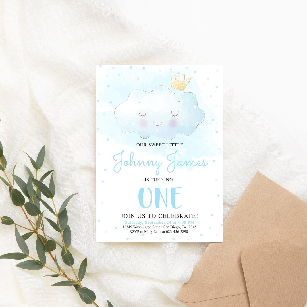 Editable Cloud Birthday Invitation Blue Cloud First Birthday 1st ...