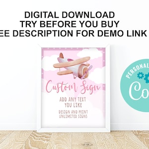 Editable Custom Pink Airplane Birthday Party Sign Decor Digital File ...