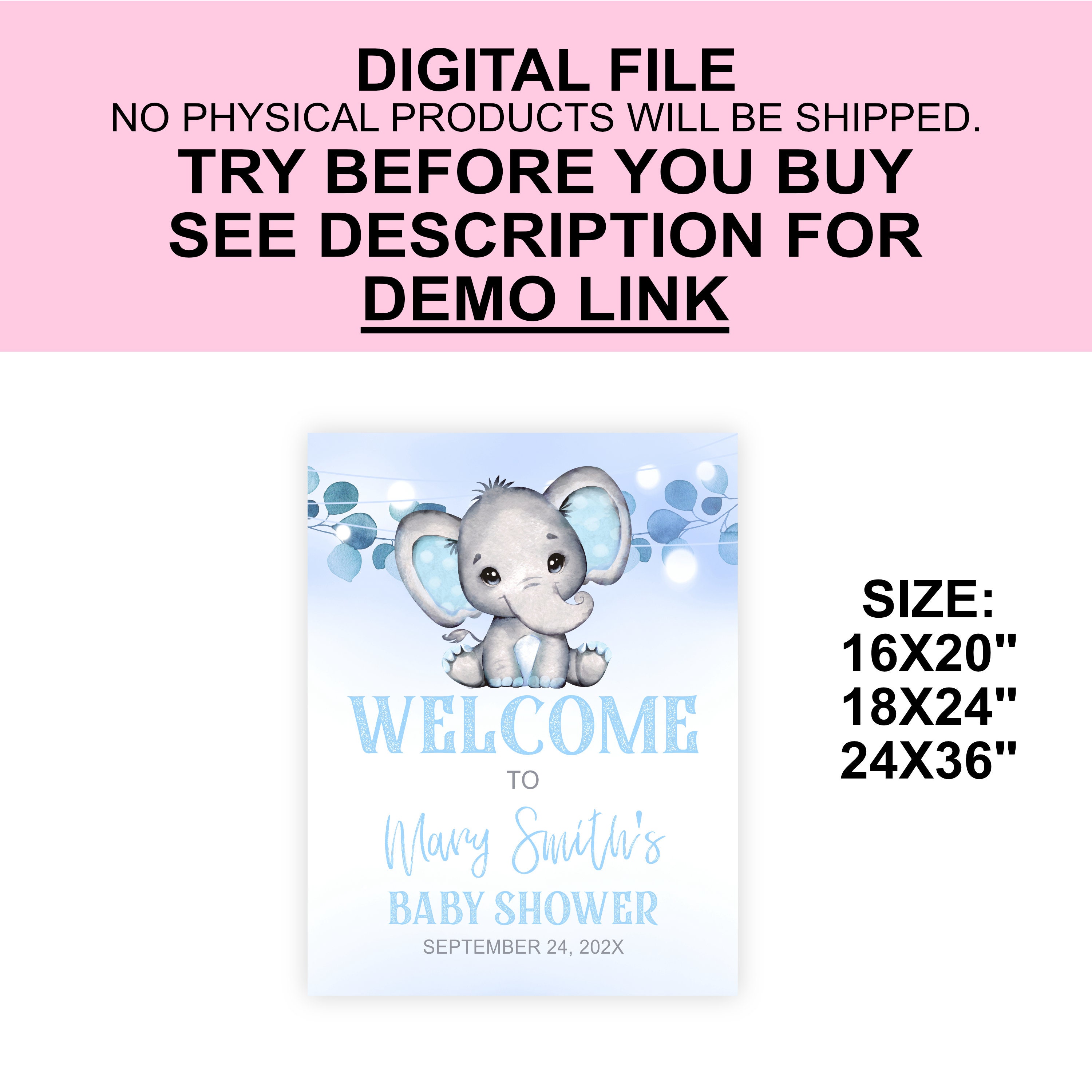 Editable Blue Elephant Welcome Sign Baby Shower Elephant - Etsy