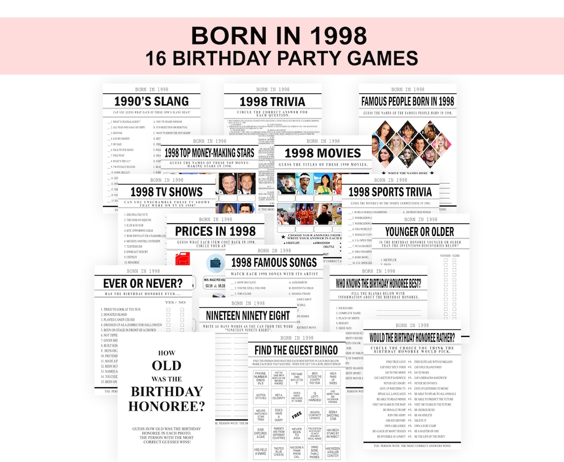 28th Birthday Party Games, Born in 1998 Trivia Games Bundle (printable ...
