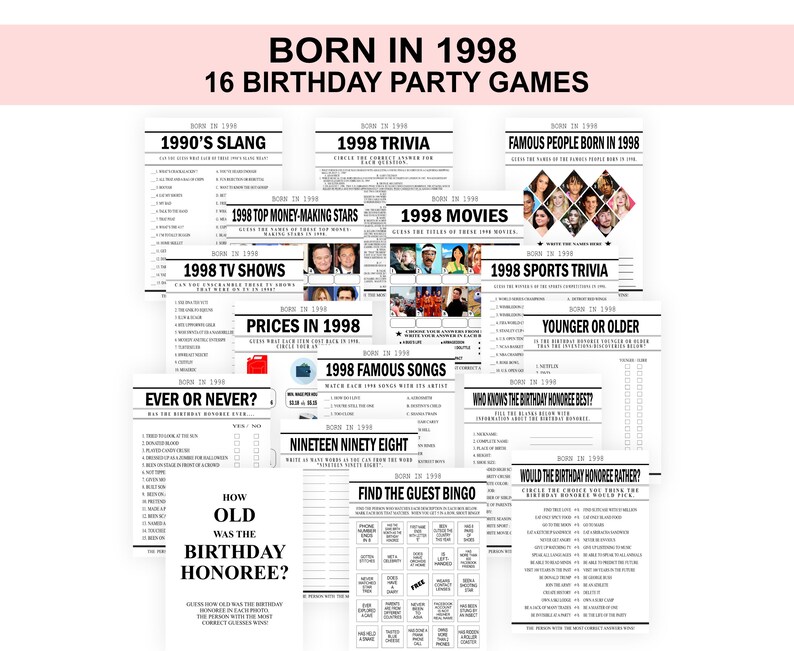 28th Birthday Party Games, Born in 1998 Trivia Games Bundle (printable ...