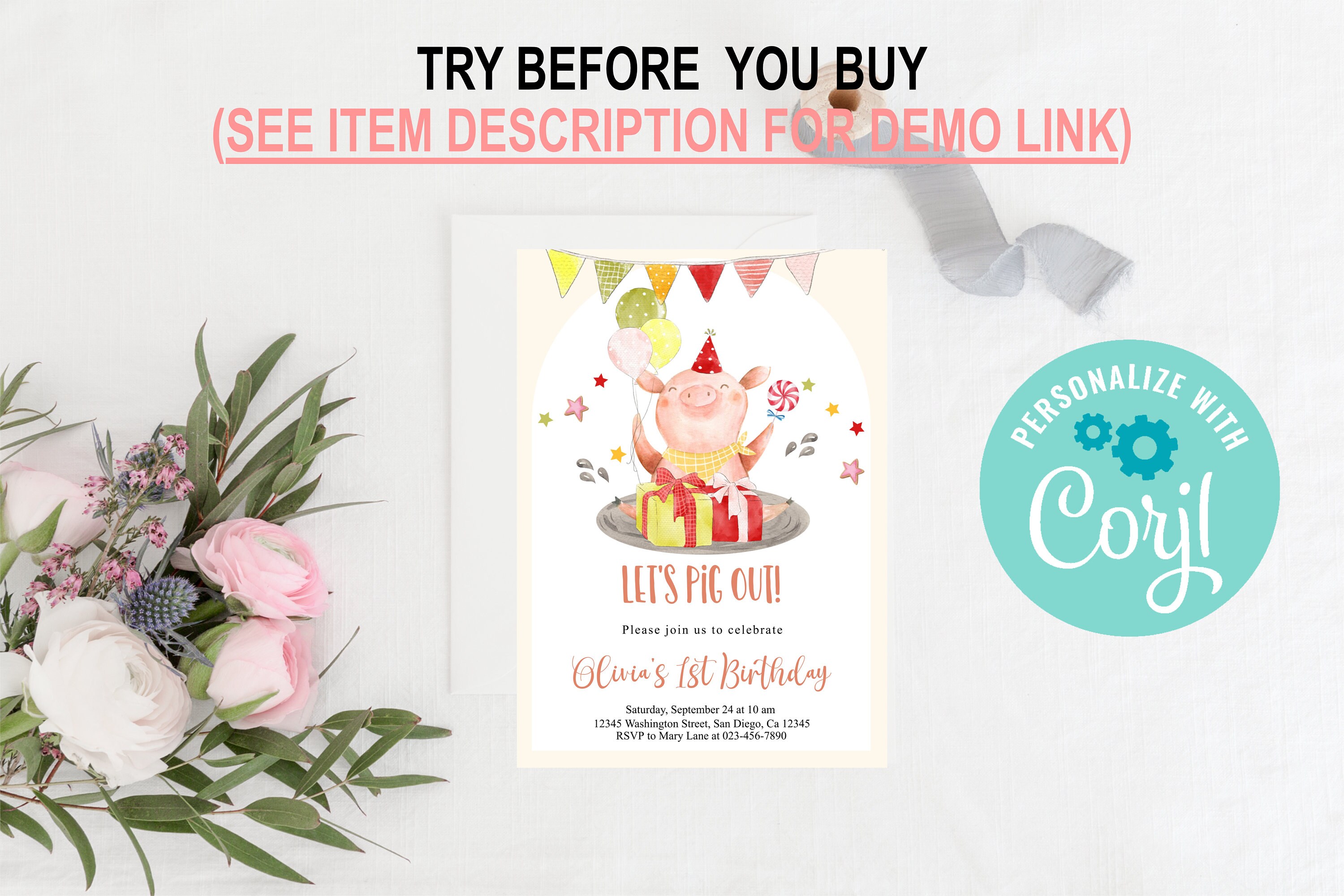 Editable Pig Birthday Party Invitation Pig Invite Happy Cute - Etsy