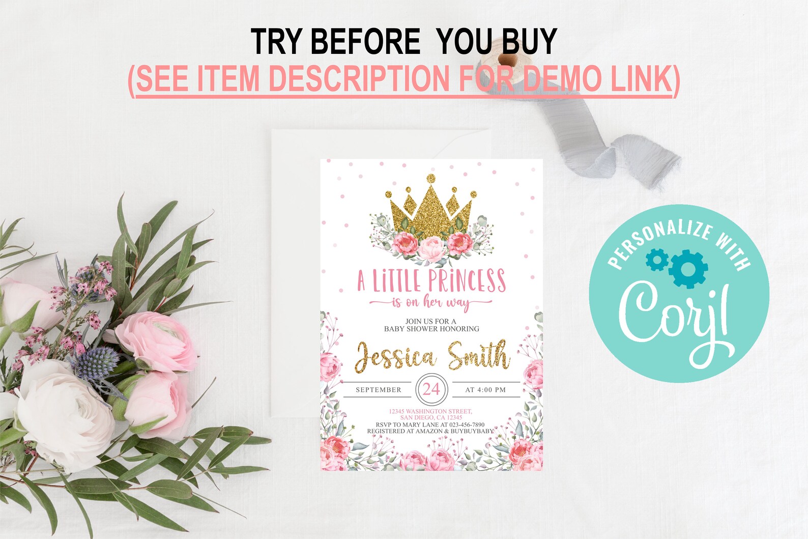 Editable Crown Baby Shower Invitation Princess Crown Flower | Etsy