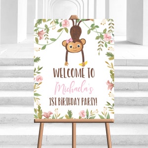 Editable Welcome Sign Monkey Birthday Party Sign Girl Pink Monkey Baby ...