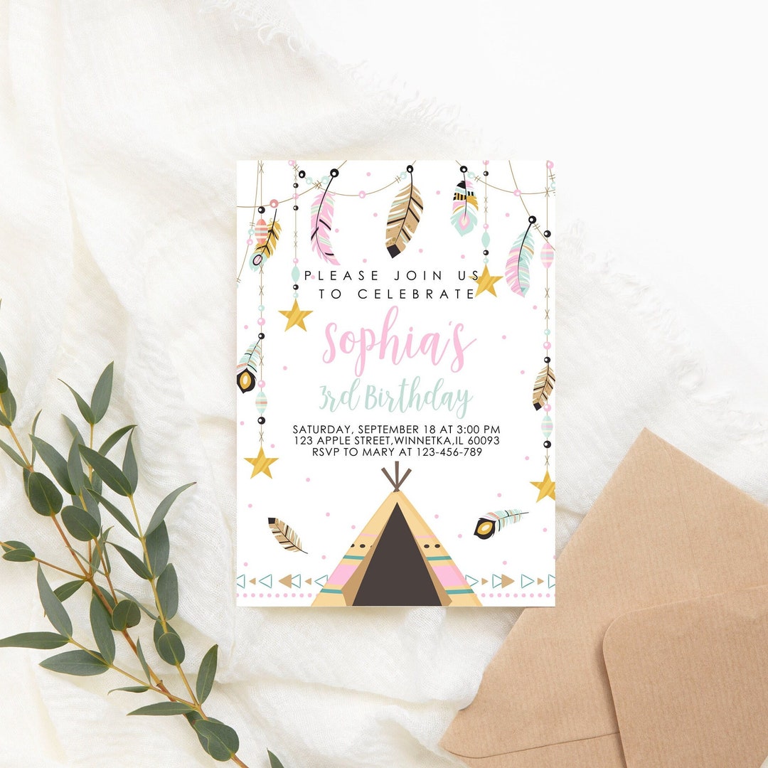 Editable Boho Birthday Invitation Pink Bohemian Birthday Invitation ...