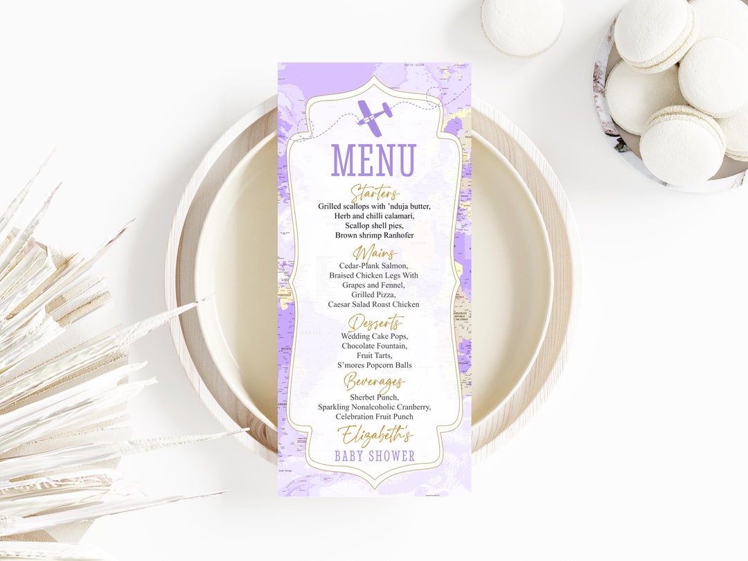 Editable Travel Menu Card Purple Map Adventure Awaits Menu Baby Shower ...