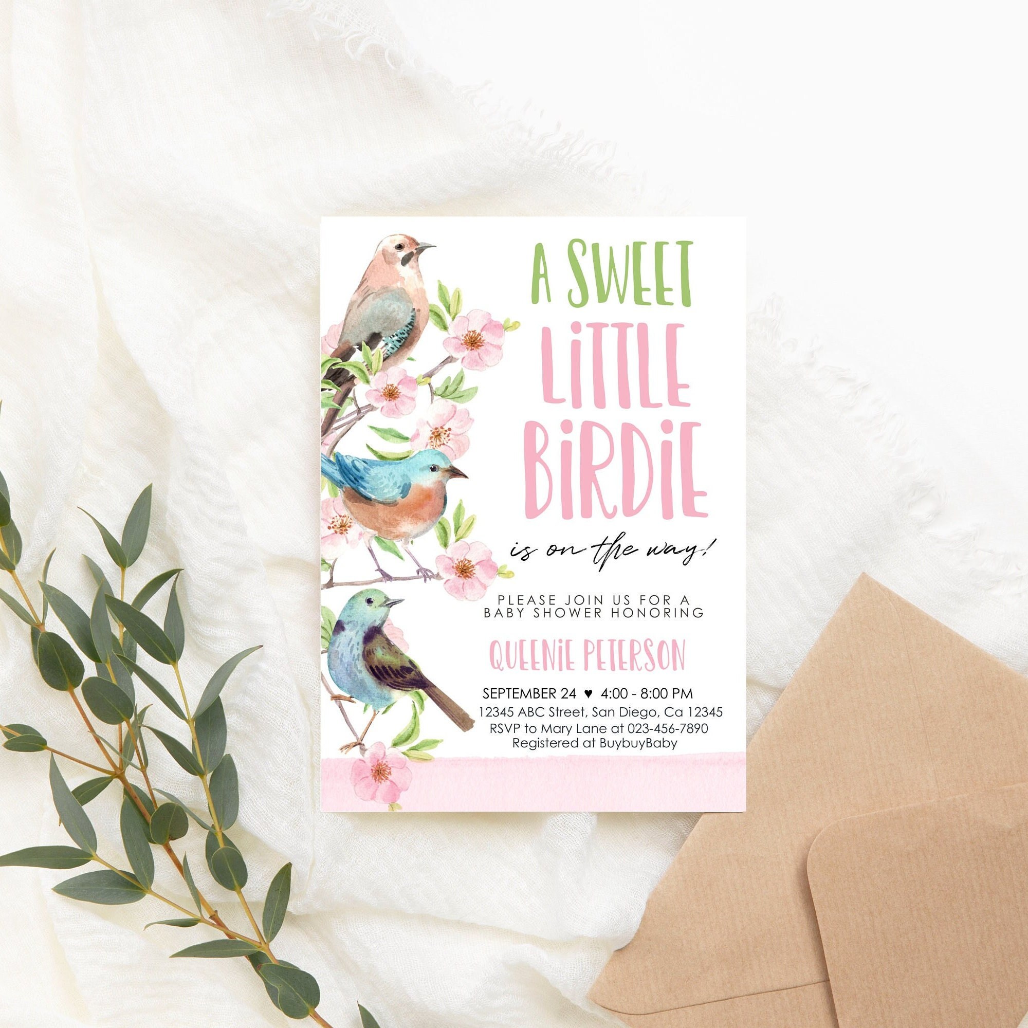 Editable Little Birdie Baby Shower Invitation Bird Invitation Bird ...