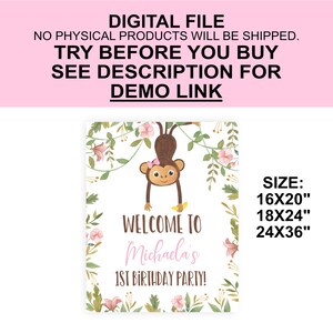 Editable Welcome Sign Monkey Birthday Party Sign Girl Pink Monkey Baby ...