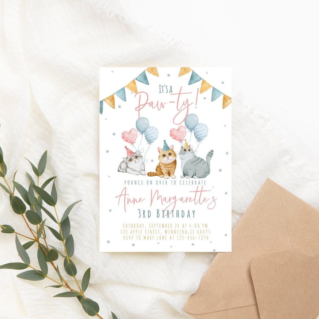 Editable Cat Birthday Invitation PRINTABLE Cat Invitation Pink Cat Girl ...
