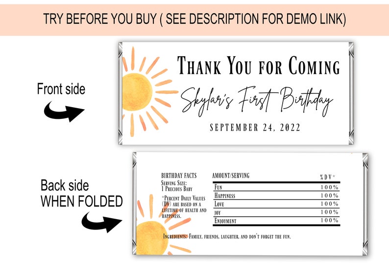 Editable Sun Candy Bar Wrapper Label Favors Birthday Party - Etsy