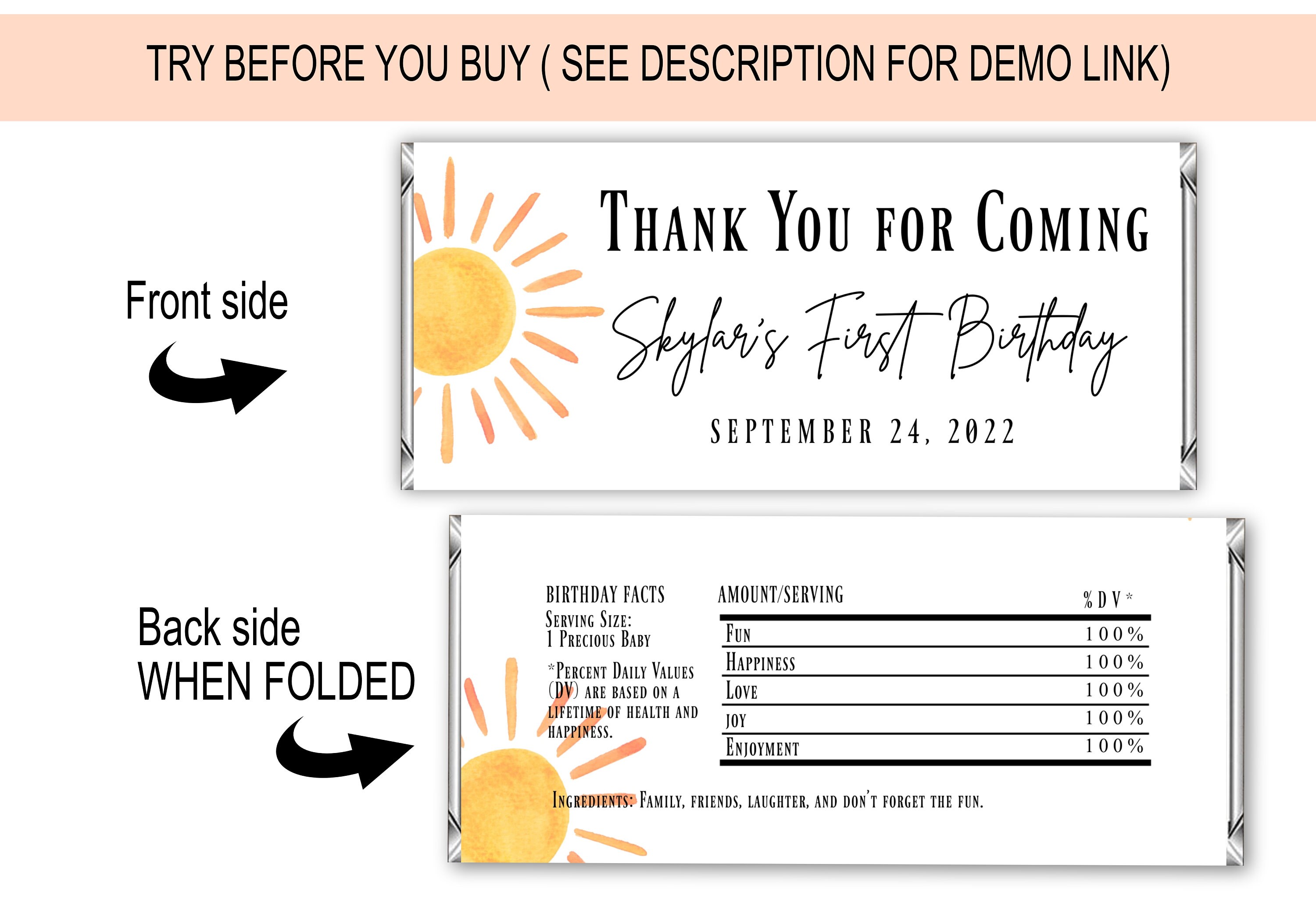Editable Sun Candy Bar Wrapper Label Favors Birthday Party - Etsy UK
