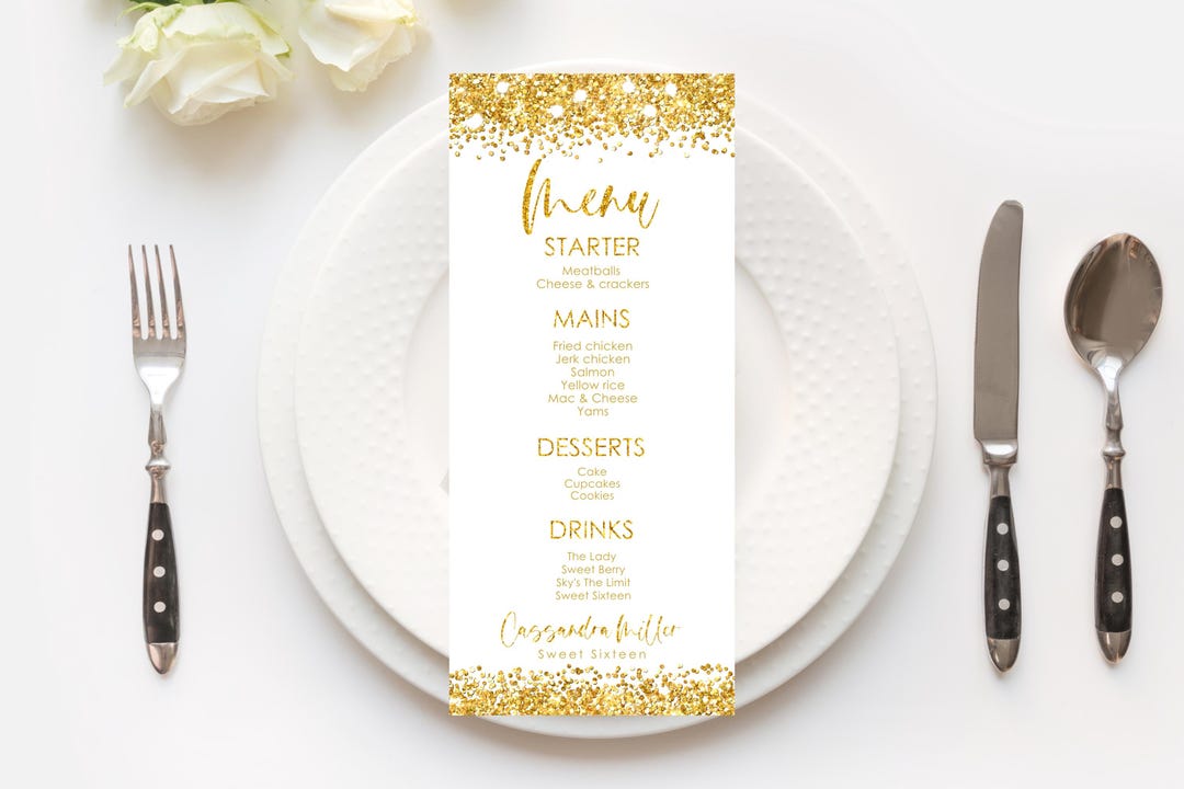 White and Gold Glitter Menu Card: Editable Party Template (digital ...