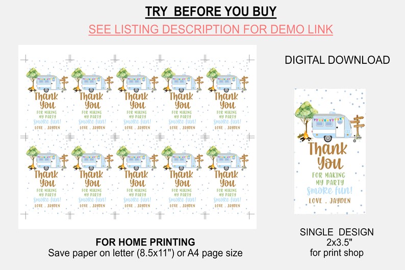 Editable Camper Thank You Tag Thank You Blue Camper Smore Fun - Etsy