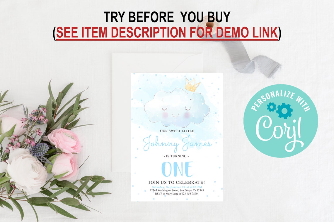 Editable Cloud Birthday Invitation Blue Cloud First Birthday 1st ...