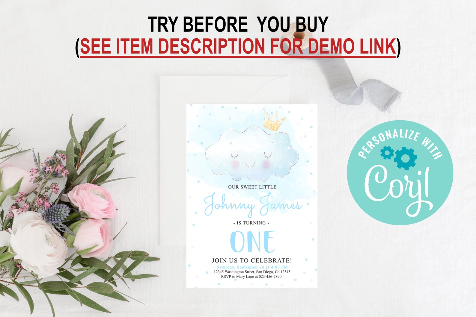 Editable Cloud Birthday Invitation Blue Cloud First Birthday 1st ...