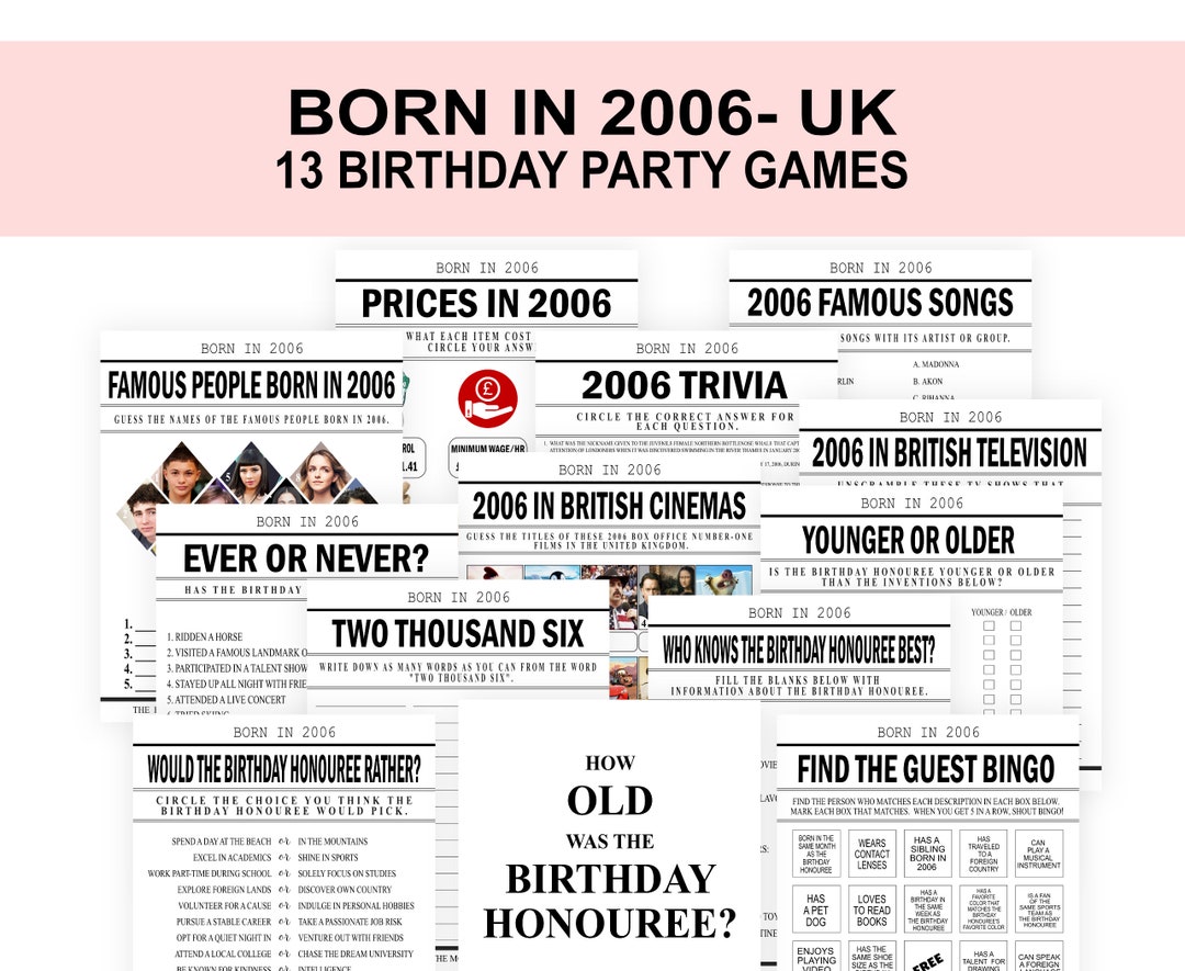 19th Birthday Party Games Born in 2006 Trivia Bundle Pack UK British ...