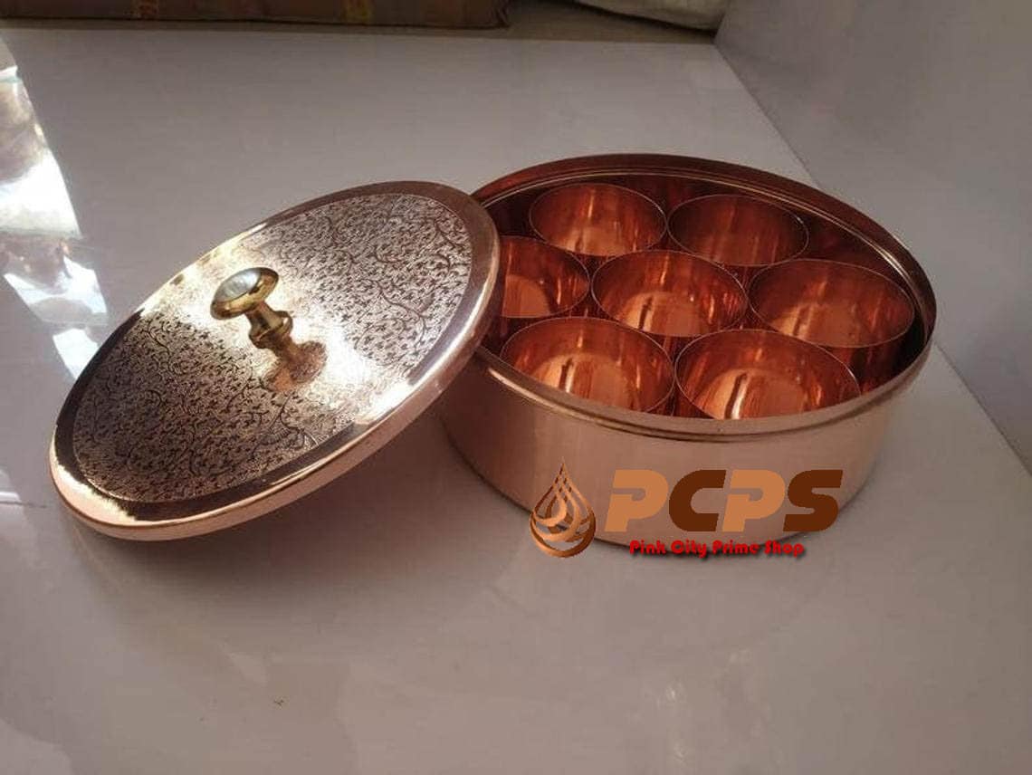 Copper Spice Storage Container With Spoon,indian Masala Box,handmade ...