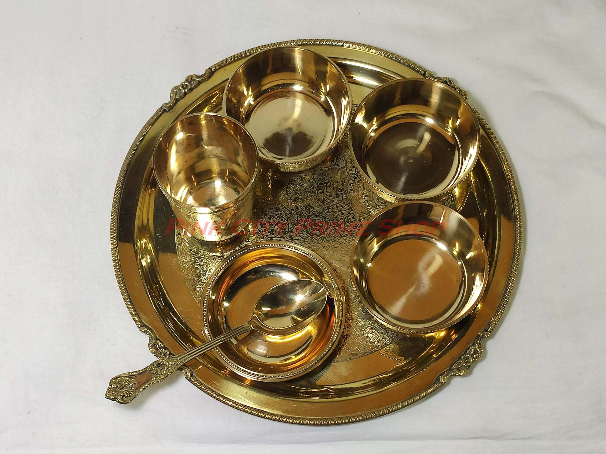 Indian Hand Hammered Finish Brass Thali Set 7 Pcs Including 3 - Etsy