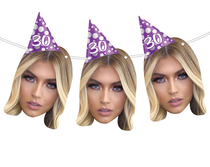 Personalised Face, Happy Head Garland/bunting With Pom Pom Party Hats ...