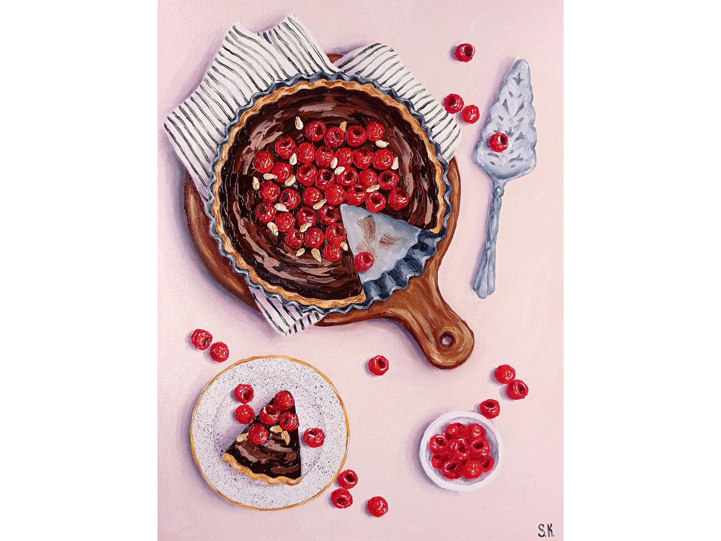 Chocolate Tart Painting Original Oil Picture Raspberry Pie Art Dessert ...