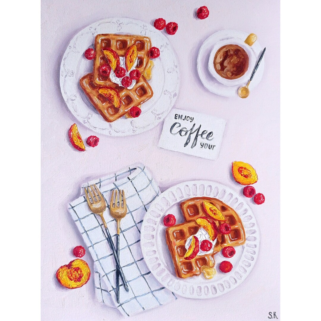 Waffles Painting Original Oil Picture Peaches Dessert Food on Canvas ...