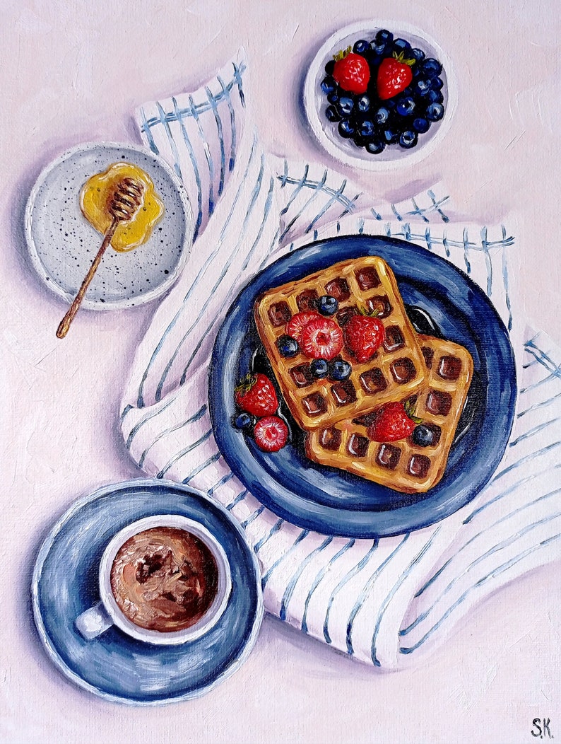Waffle Painting Original Oil Picture Food on Canvas Belgian Waffles ...